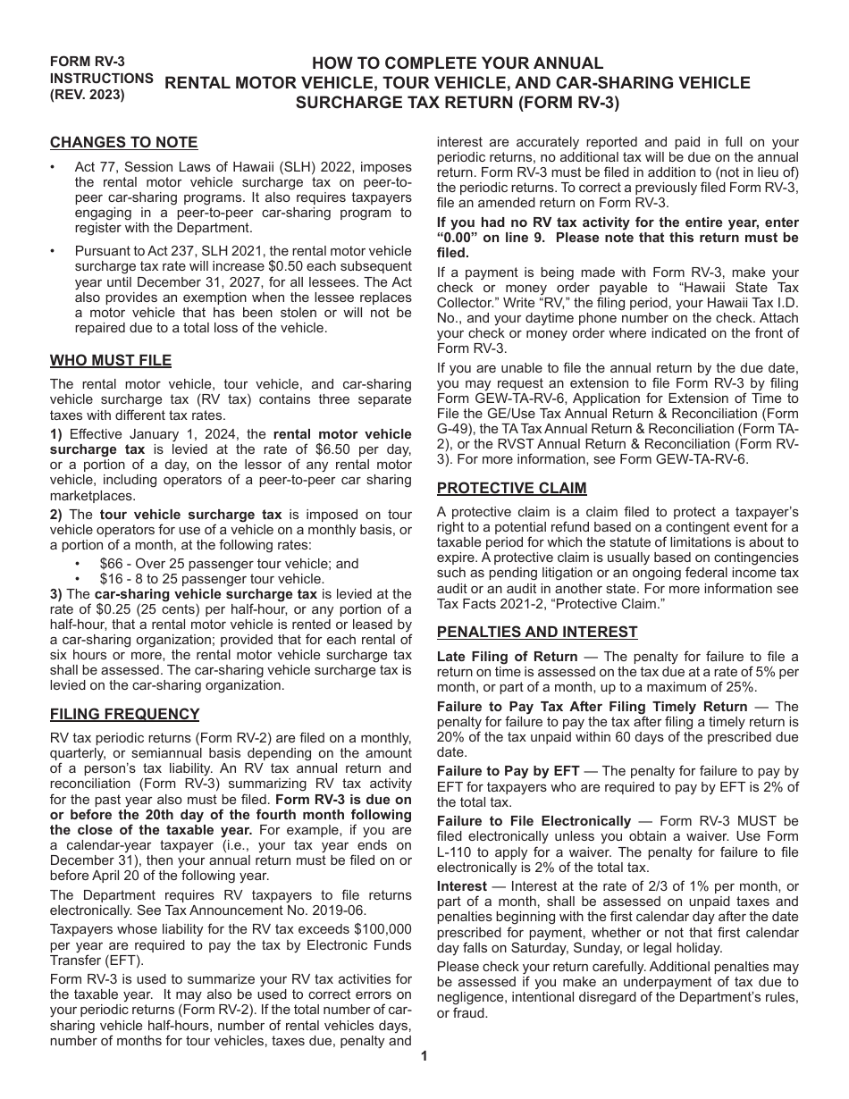 Download Instructions for Form RV-3 Rental Motor Vehicle, Tour Vehicle ...