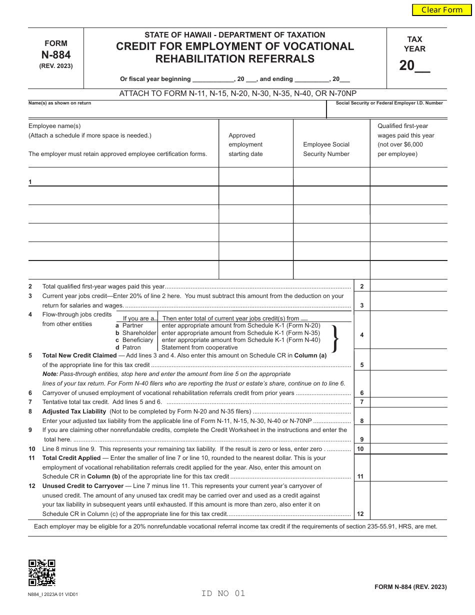 Form N-884 - Fill Out, Sign Online and Download Fillable PDF, Hawaii ...