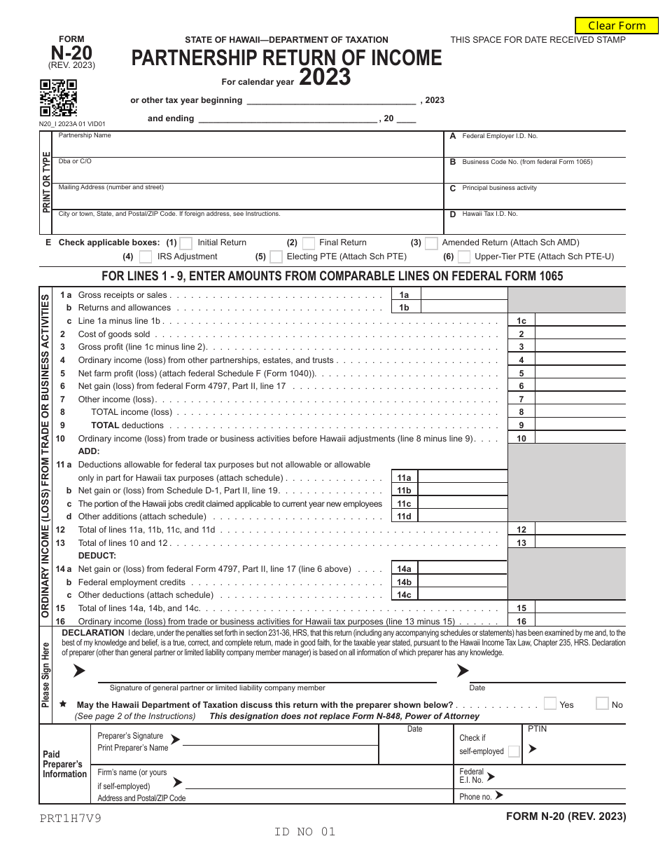 Form N-20 Download Fillable PDF or Fill Online Partnership Return of ...