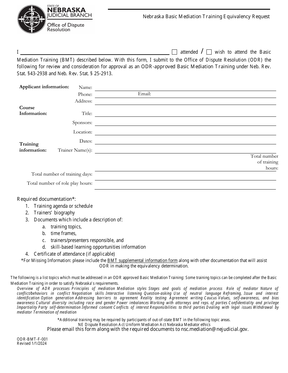Form ODR-BMT-F-001 Download Fillable PDF or Fill Online Nebraska Basic ...