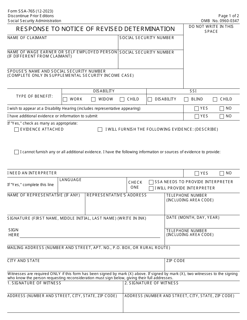 Form SSA-765 Download Fillable PDF or Fill Online Response to Notice of ...
