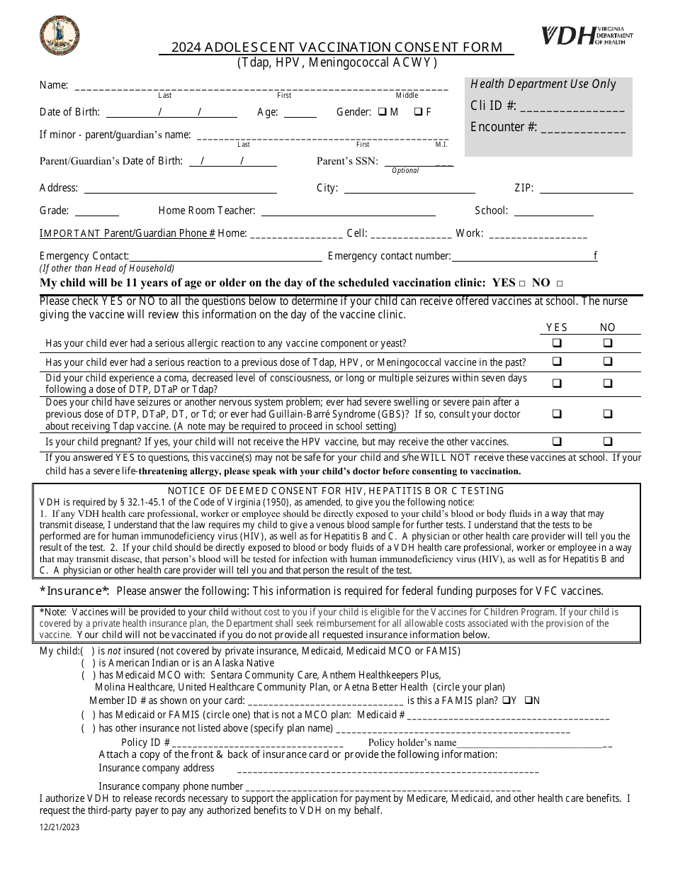 2024 Virginia Adolescent Vaccination Consent Form Download Printable ...