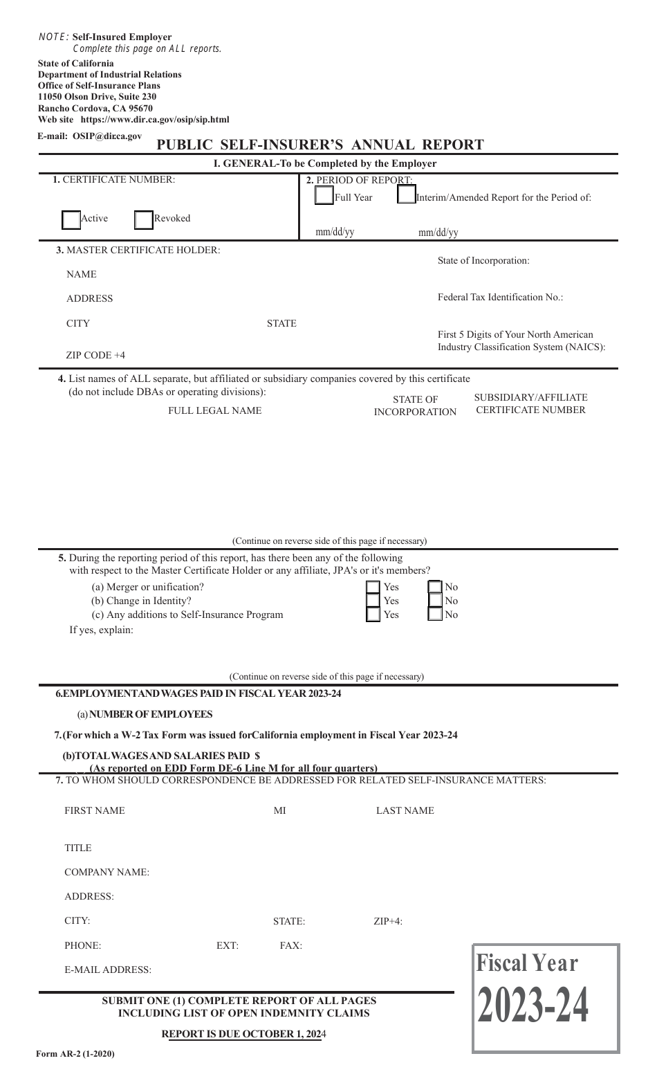 Form AR-2 Download Fillable PDF or Fill Online Public Self-insurer's ...