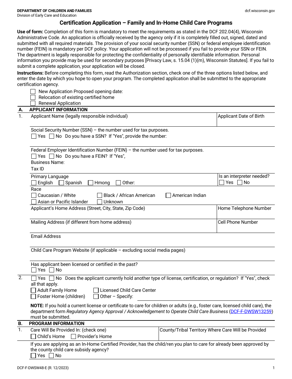 Form DCF-F-DWSW48-E - Fill Out, Sign Online and Download Printable PDF ...