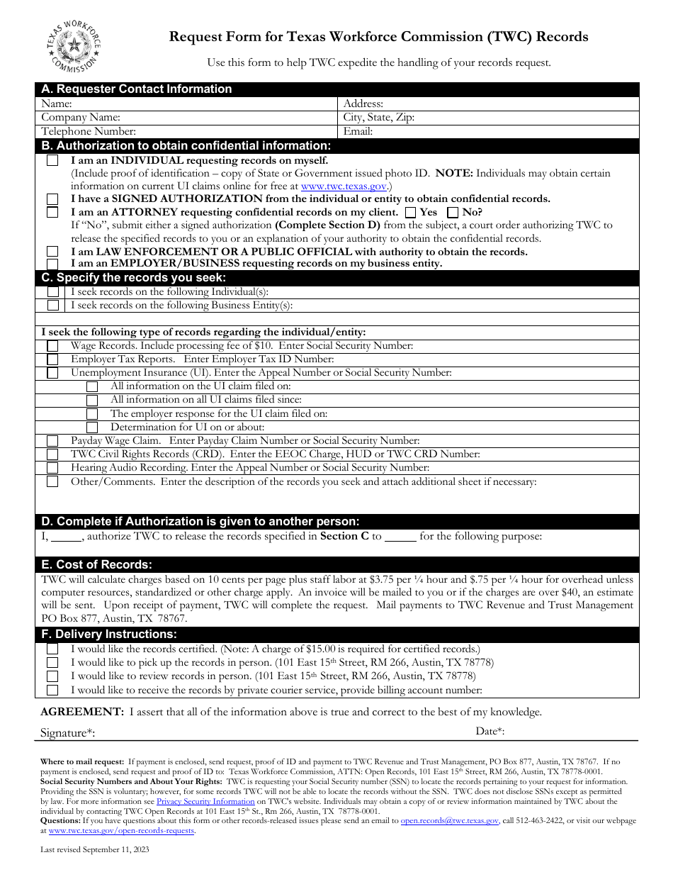 Texas Request Form for Texas Workforce Commission (Twc) Records ...
