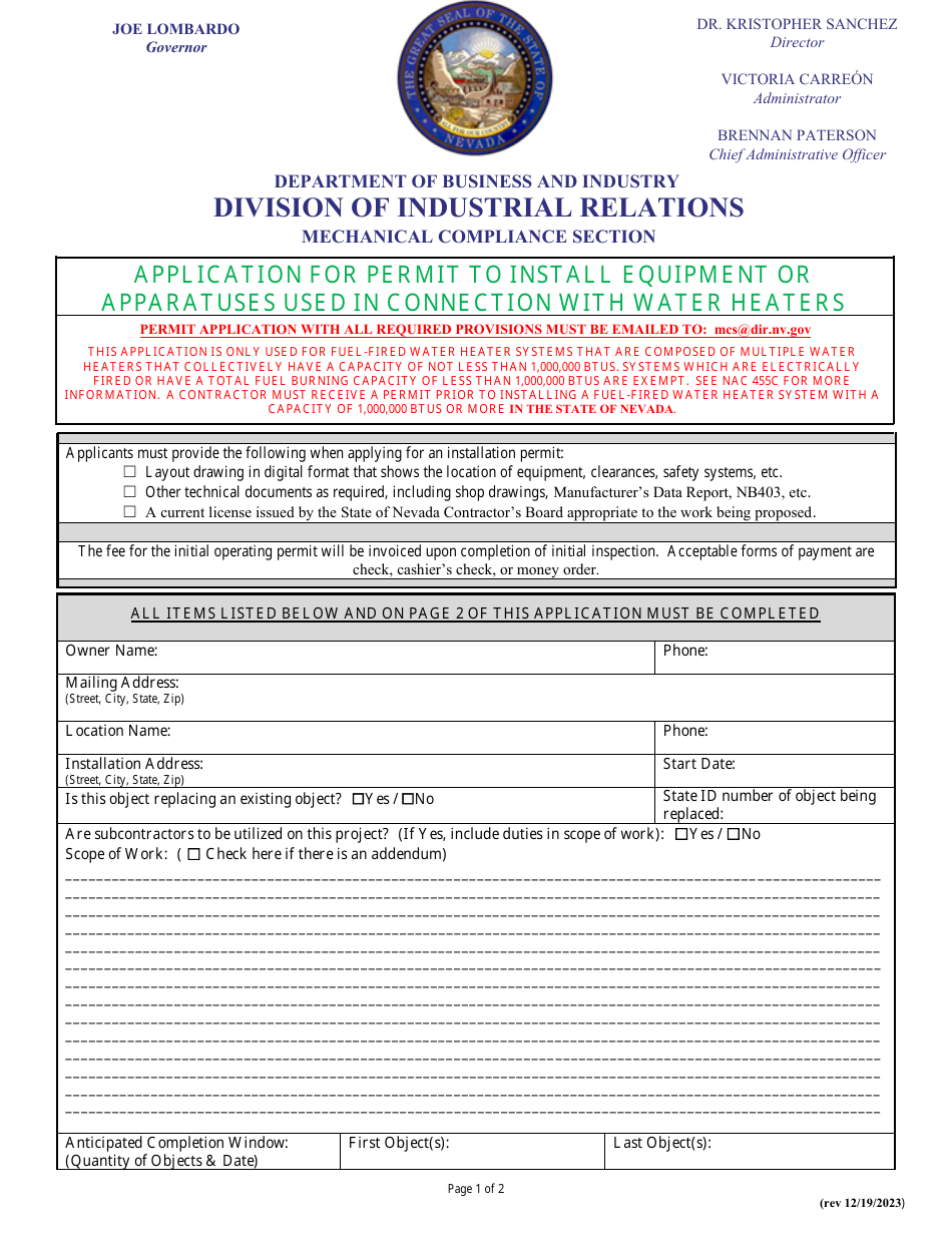 Nevada Application for Permit to Install Equipment or Apparatuses Used ...