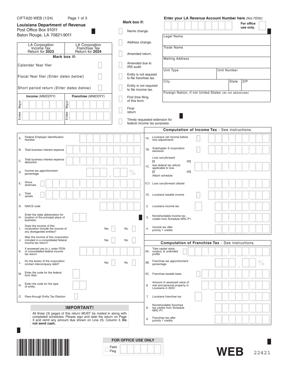 Form CIFT-620 Download Fillable PDF or Fill Online Louisiana ...