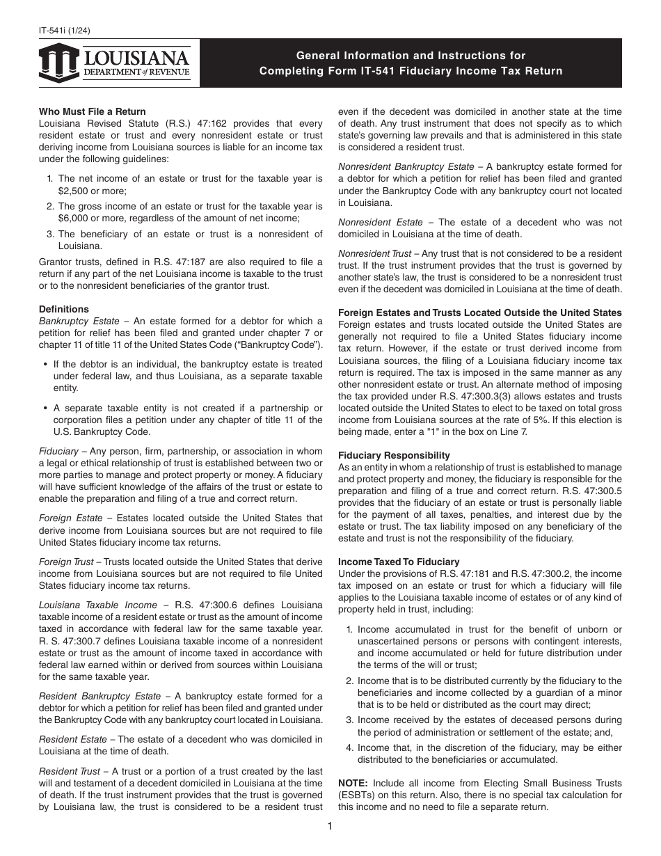 Download Instructions for Form IT-541 Fiduciary Income Tax Return PDF ...