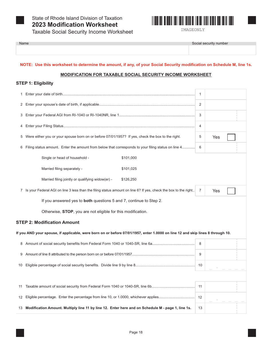 2023 Rhode Island Modification Worksheet - Taxable Social Security ...