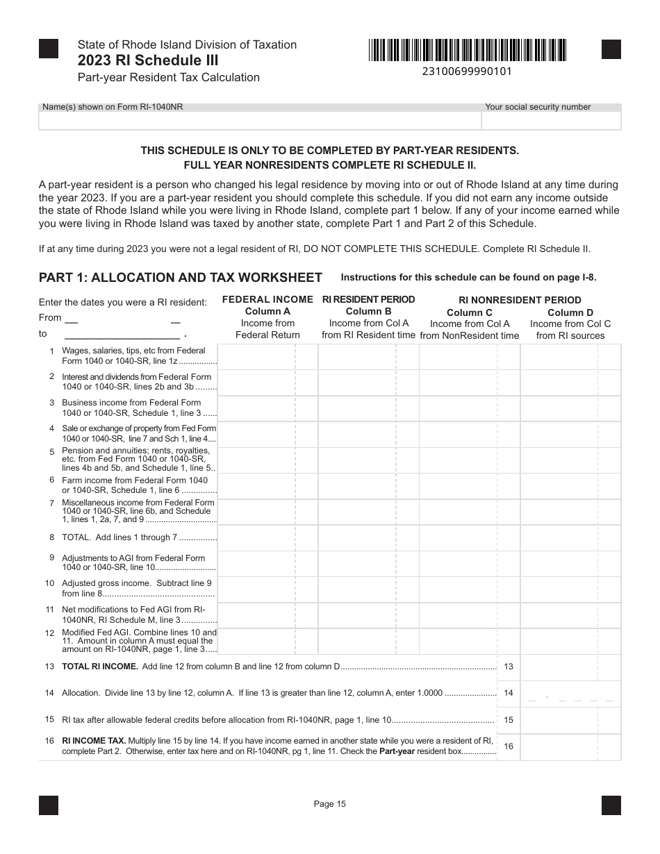 Form RI-1040NR Schedule III Download Fillable PDF or Fill Online Part ...