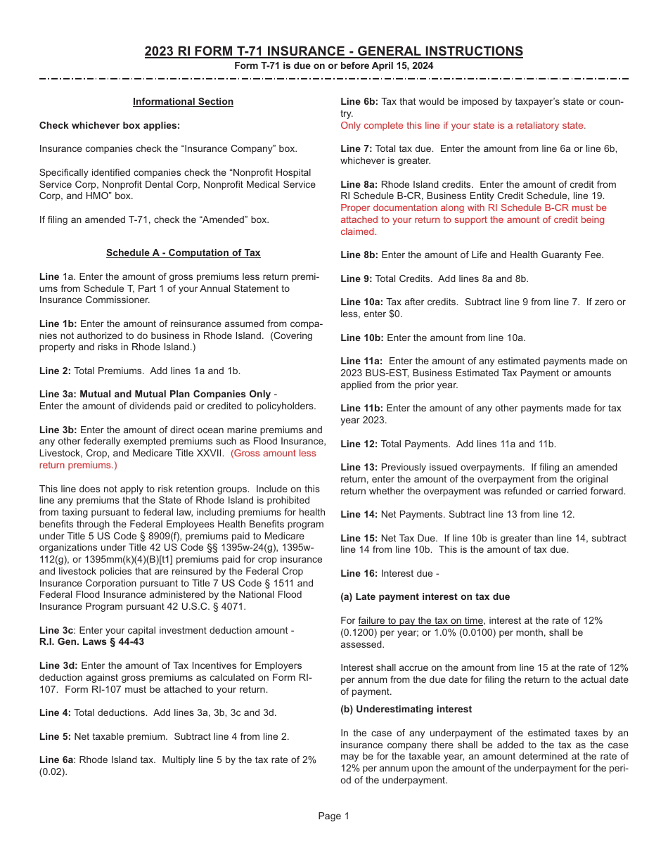 Download Instructions for Form T-71 Insurance Companies Tax Return of ...