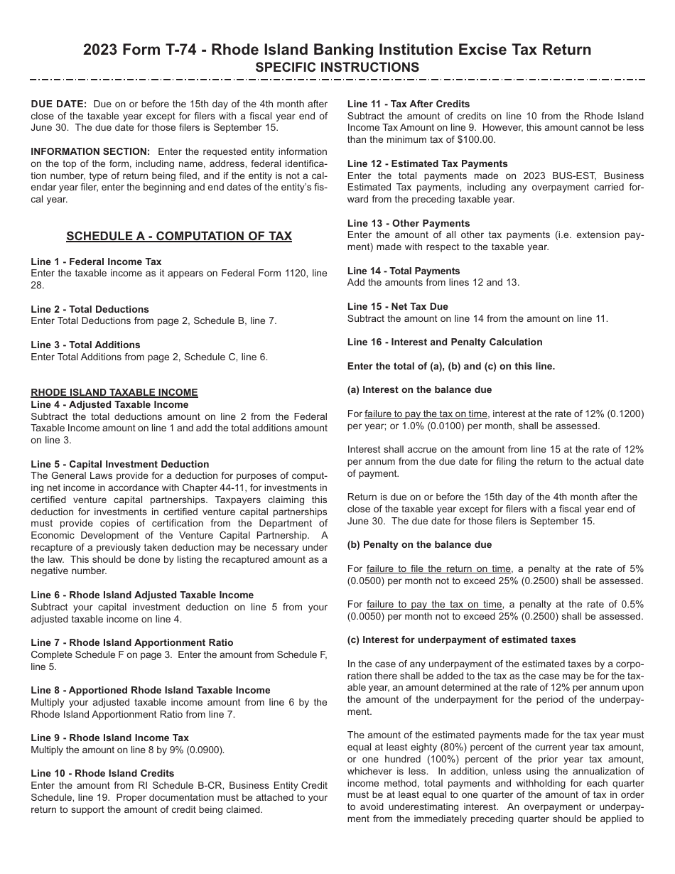 Download Instructions for Form T-74 Banking Institution Excise Tax ...