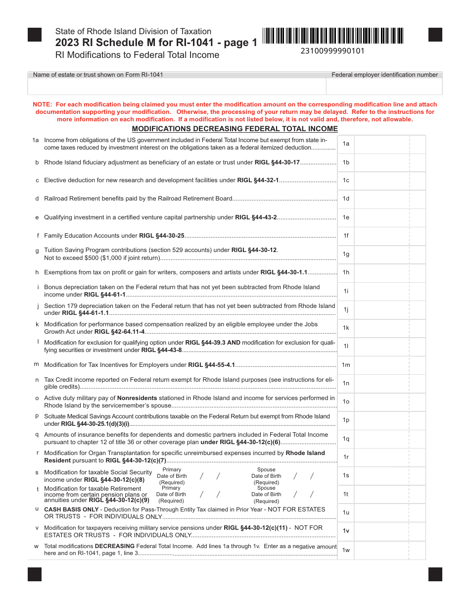 Form RI-1041 Schedule M - 2023 - Fill Out, Sign Online and Download ...