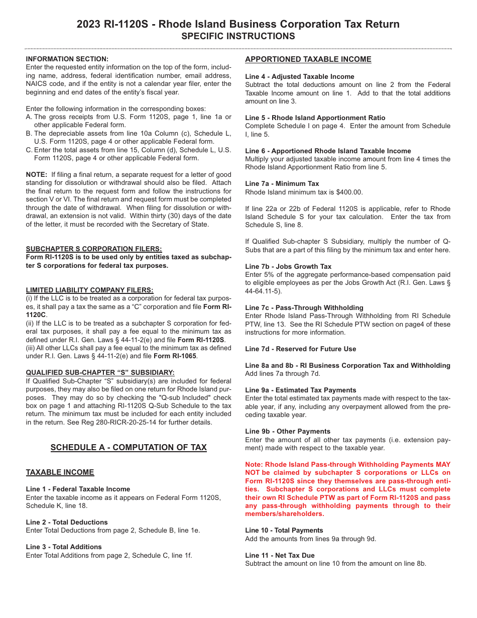 Download Instructions for Form RI-1120S Subchapter S Business ...