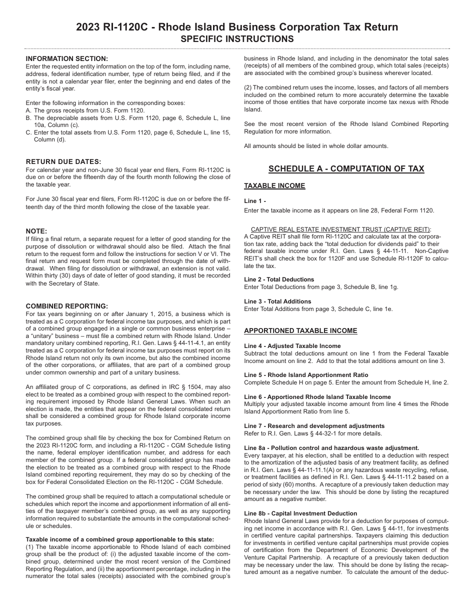 Download Instructions for Form RI-1120C Business Corporation Tax Return ...