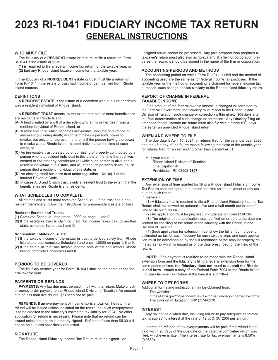 Download Instructions for Form RI-1041 Fiduciary Income Tax Return PDF ...