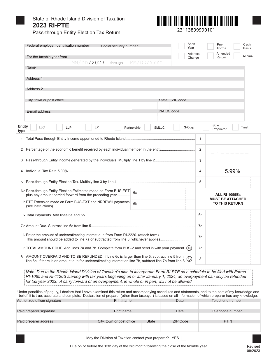 Form RI-PTE Download Fillable PDF or Fill Online Pass-Through Entity ...
