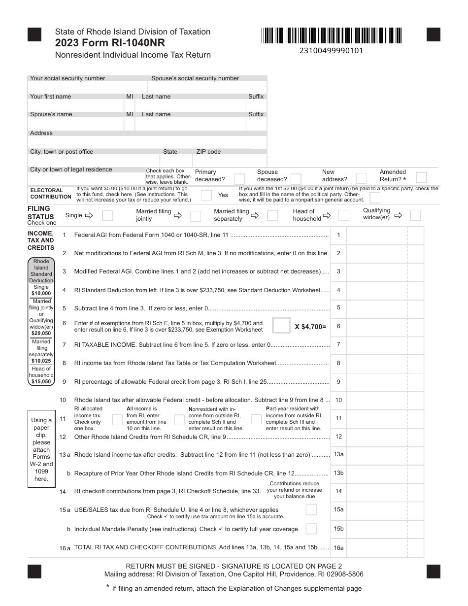 Form RI-1040NR Download Fillable PDF or Fill Online Nonresident ...