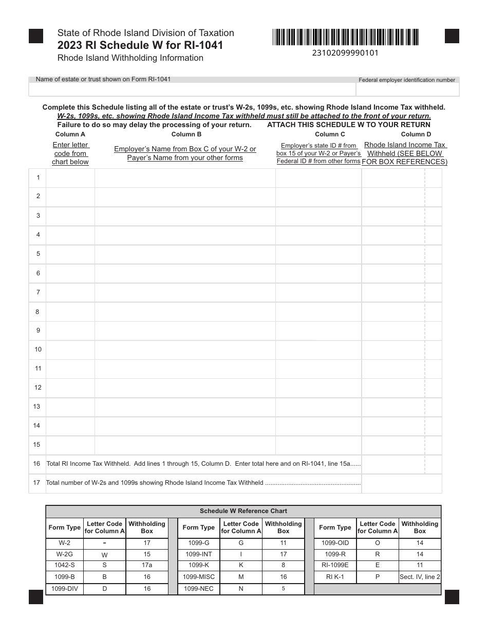 Form RI-1041 Schedule W Download Fillable PDF or Fill Online Rhode ...