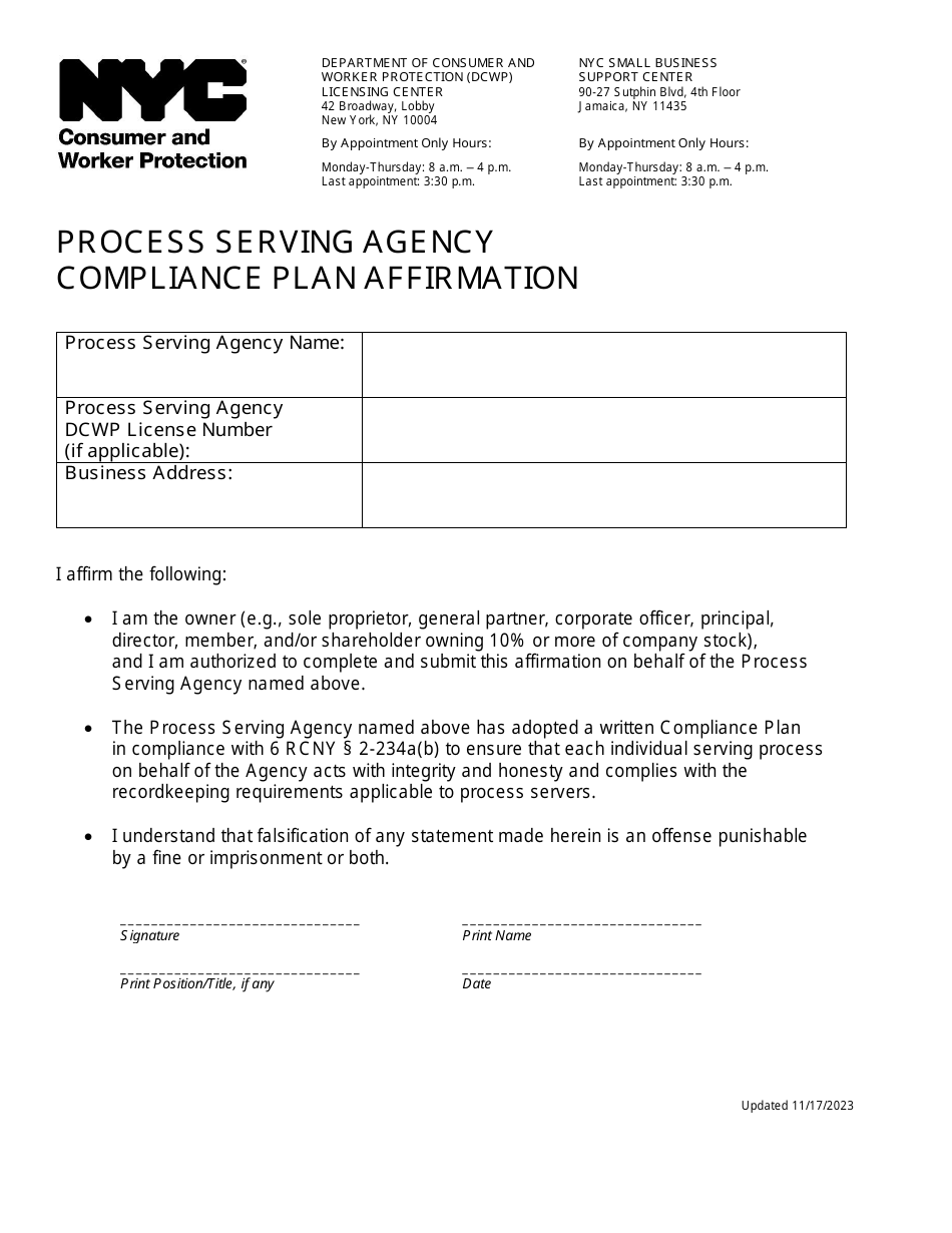 New York City Process Serving Agency Compliance Plan Affirmation Download Printable PDF ...