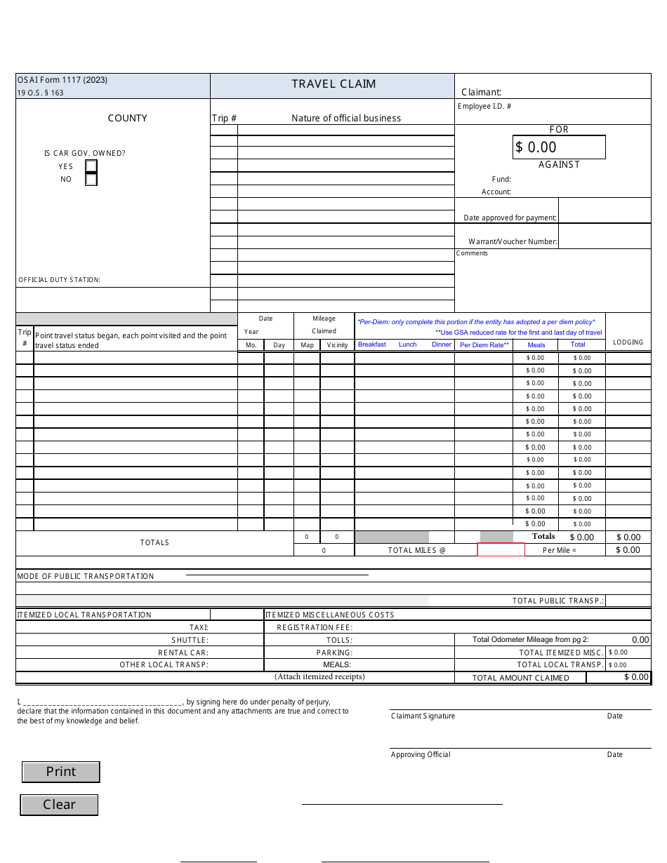 OSAI Form 1117 Download Fillable PDF or Fill Online County Travel Claim ...