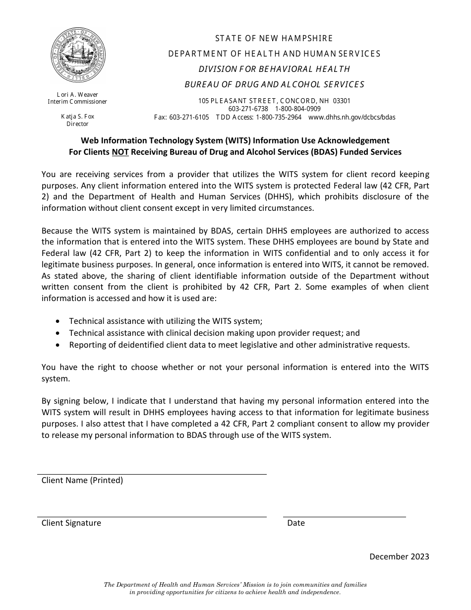 New Hampshire Web Information Technology System (Wits) Information Use ...