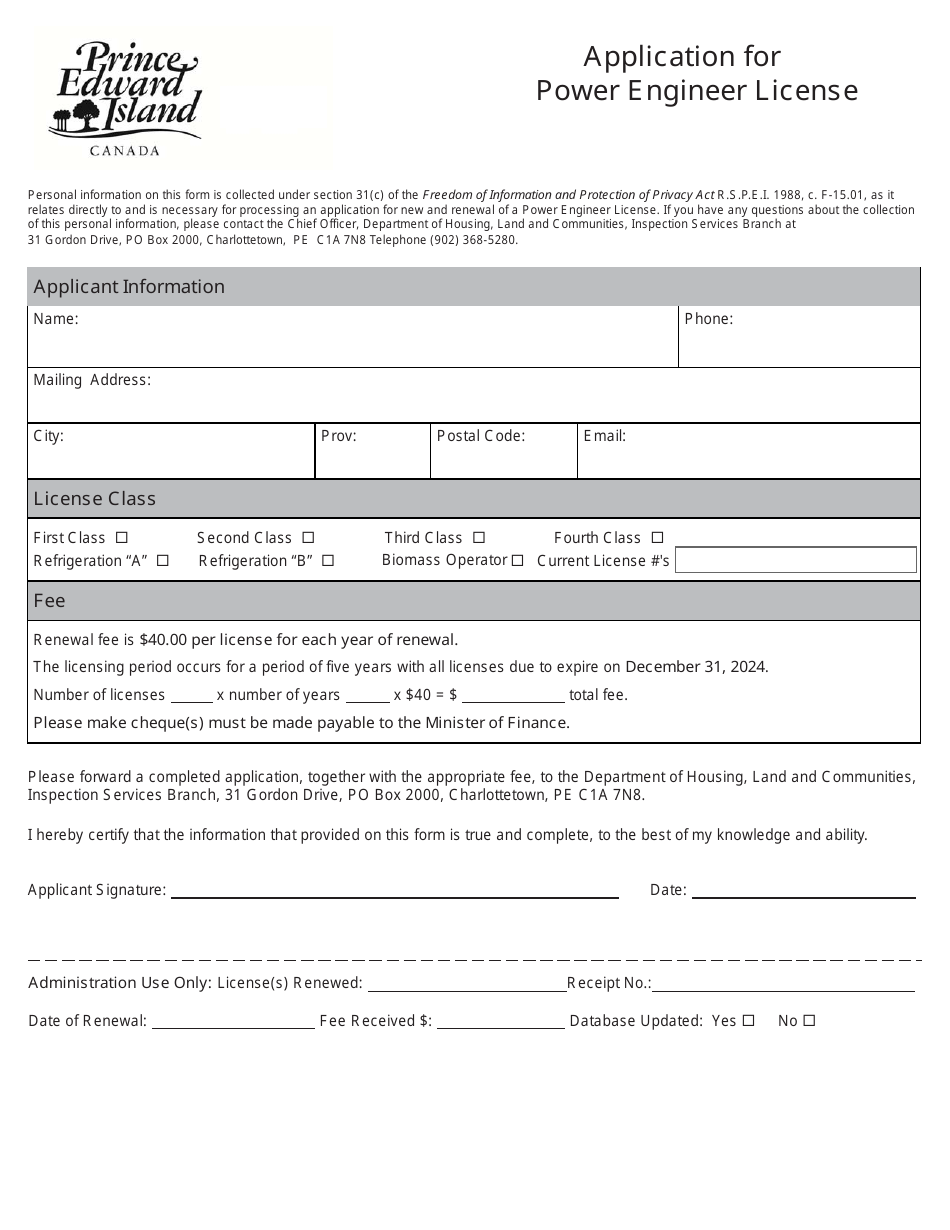 Prince Edward Island Canada Application for Power Engineer License ...
