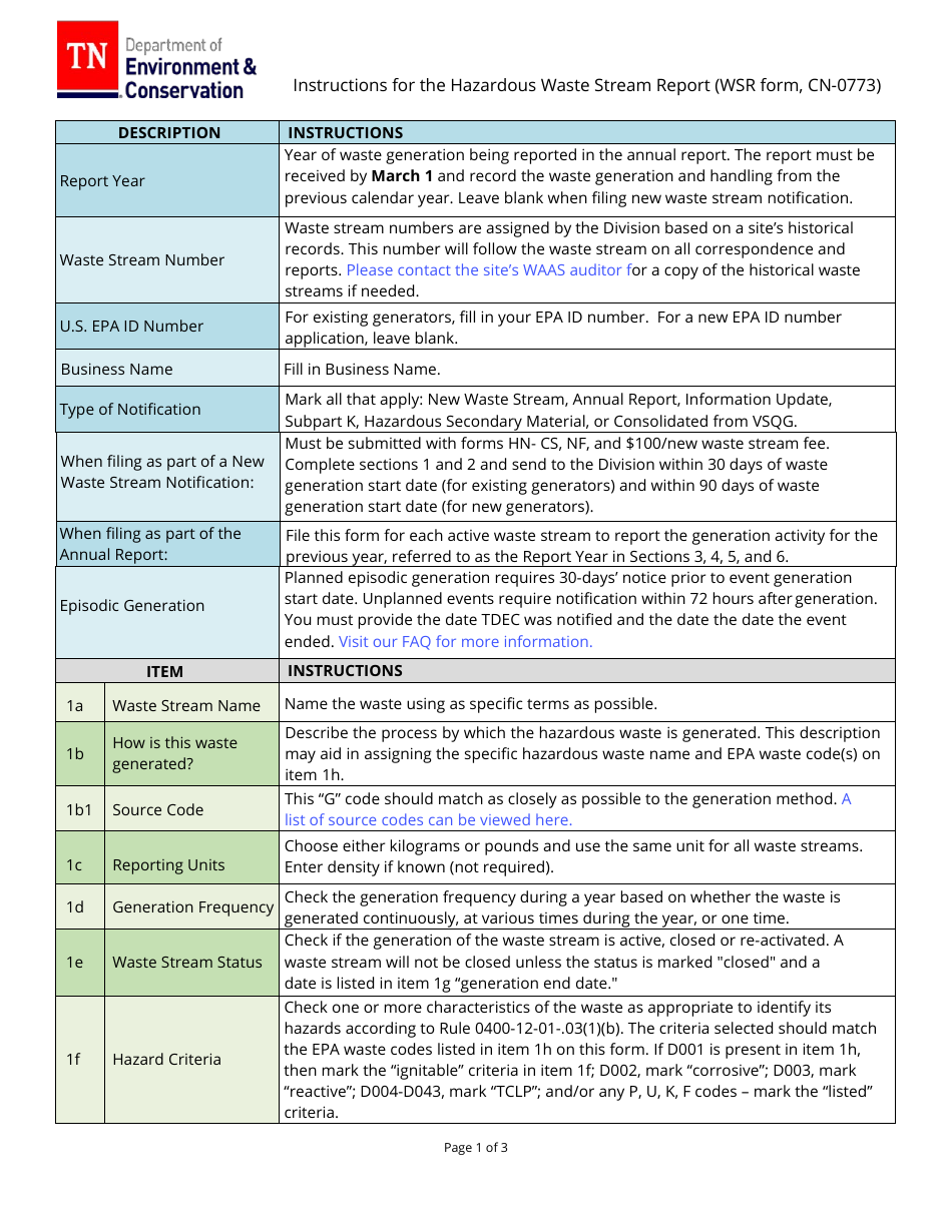 Download Instructions for Form WSR, CN-0773 Hazardous Waste Stream ...