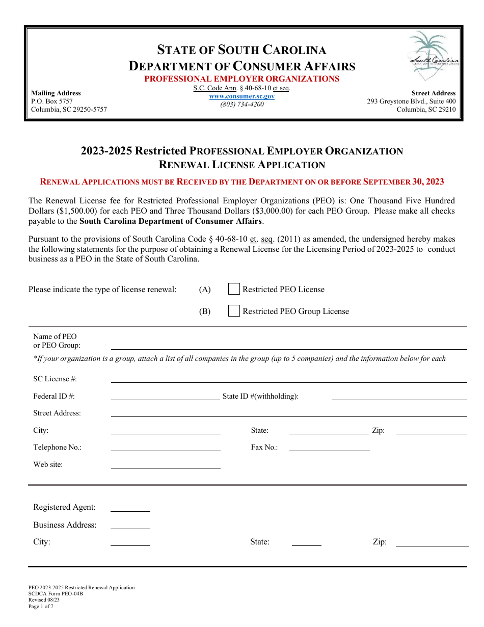 SCDCA Form PEO-04B Download Printable PDF or Fill Online Restricted ...