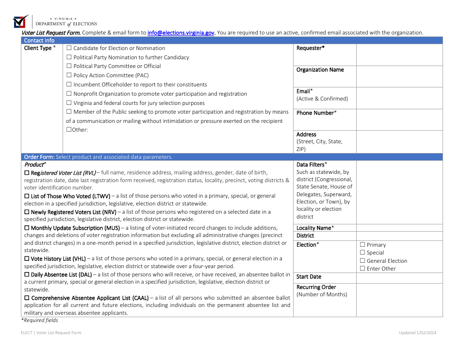 Virginia Voter List Request Form Download Fillable PDF 2021 — 2025 ...