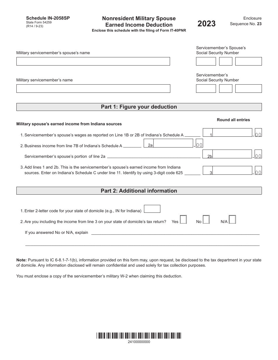State Form 54259 Schedule IN-2058SP Download Fillable PDF or Fill ...
