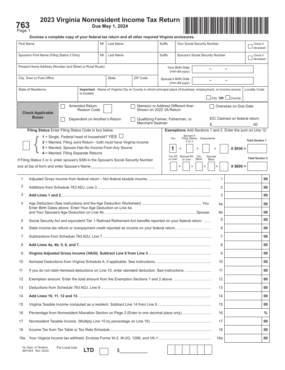 Form 763 Download Fillable PDF or Fill Online Virginia Nonresident ...