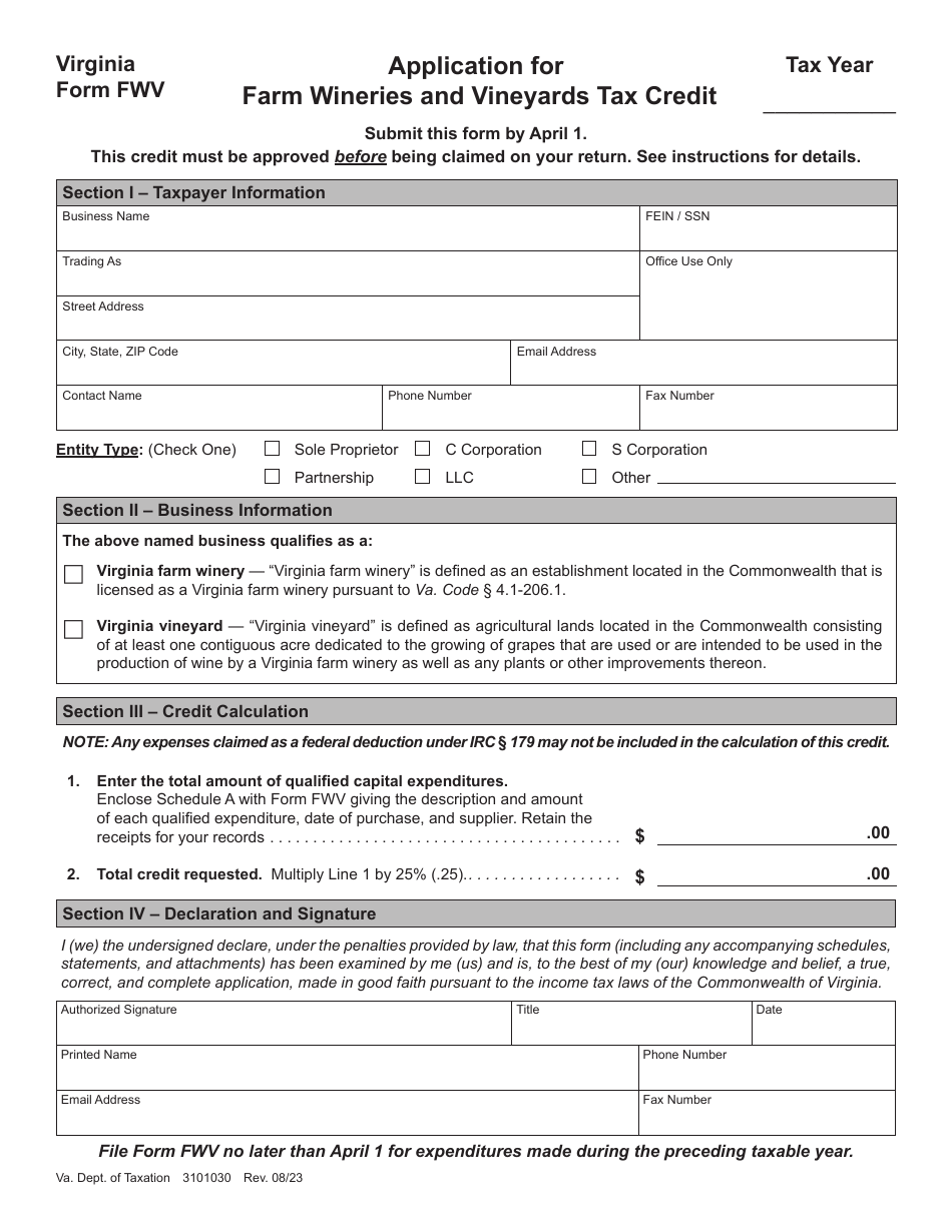 Form FWV - Fill Out, Sign Online and Download Fillable PDF, Virginia ...