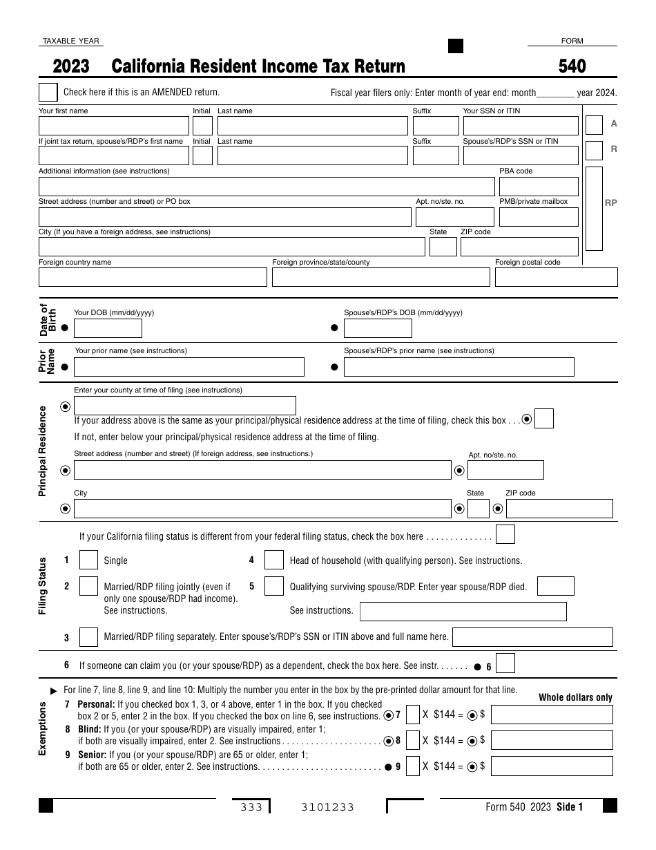 Form 540 Download Fillable PDF or Fill Online California Resident ...