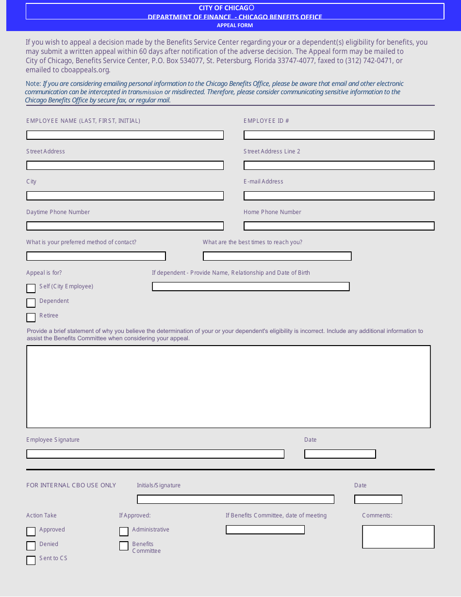 City of Chicago, Illinois Appeal Form - Fill Out, Sign Online and ...