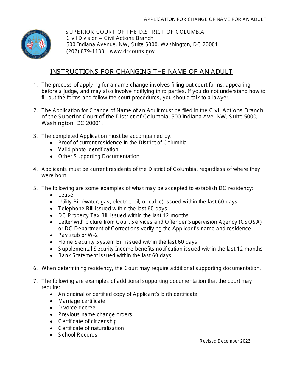Washington, D.C. Application for Change of Name for an Adult - Full ...