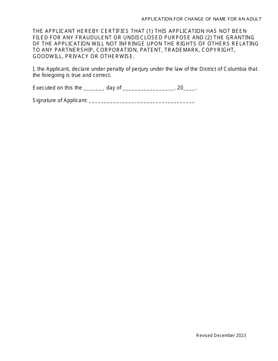 Washington, D.C. Application for Change of Name for an Adult - Full ... Washington, D.C. Application for Change of Name for an Adult - Full ...