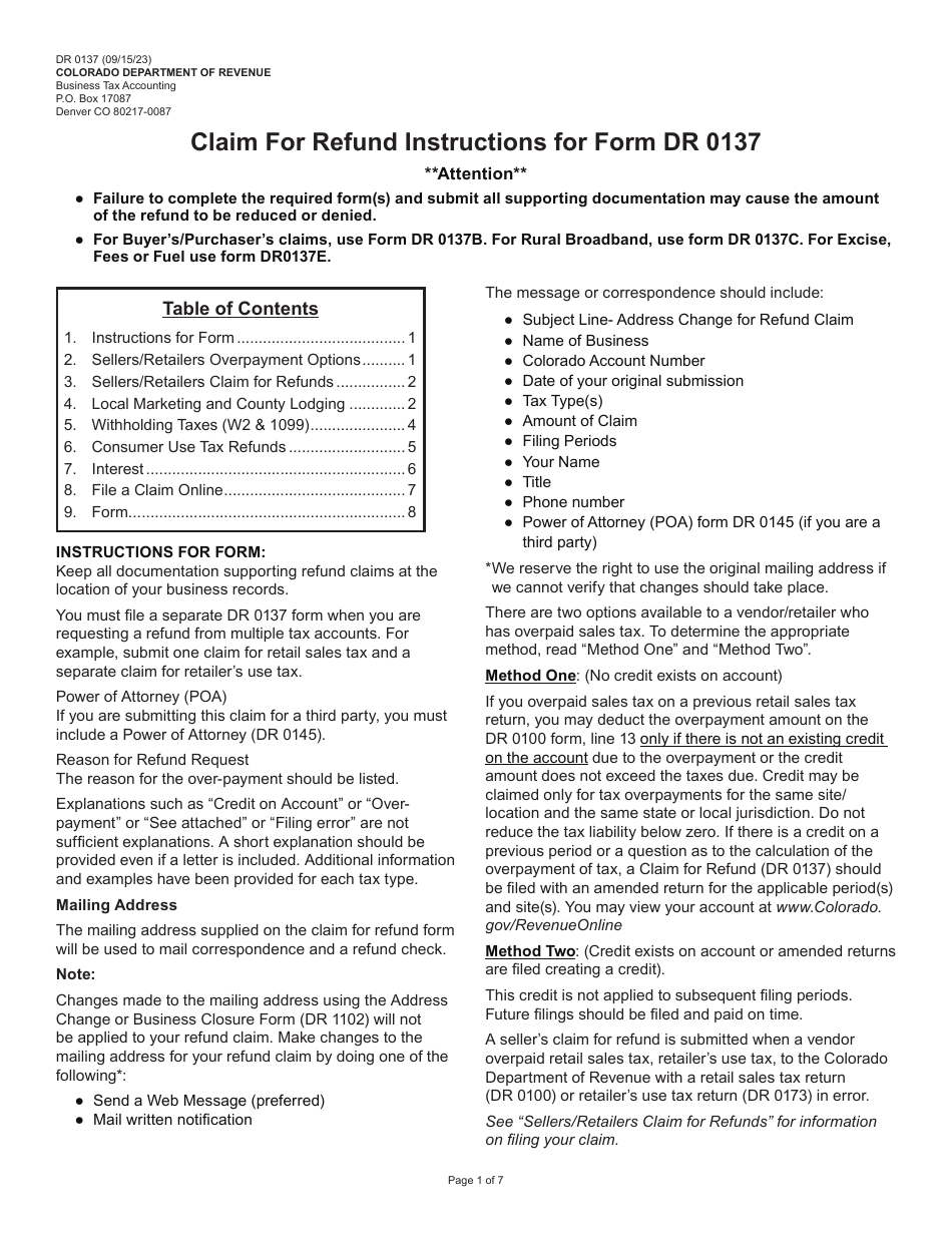 Form DR0137 Download Fillable PDF or Fill Online Claim for Refund ...