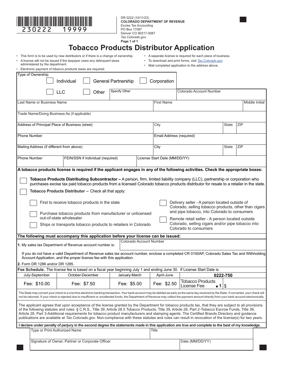 Form DR0222 Download Fillable PDF or Fill Online Tobacco Products ...