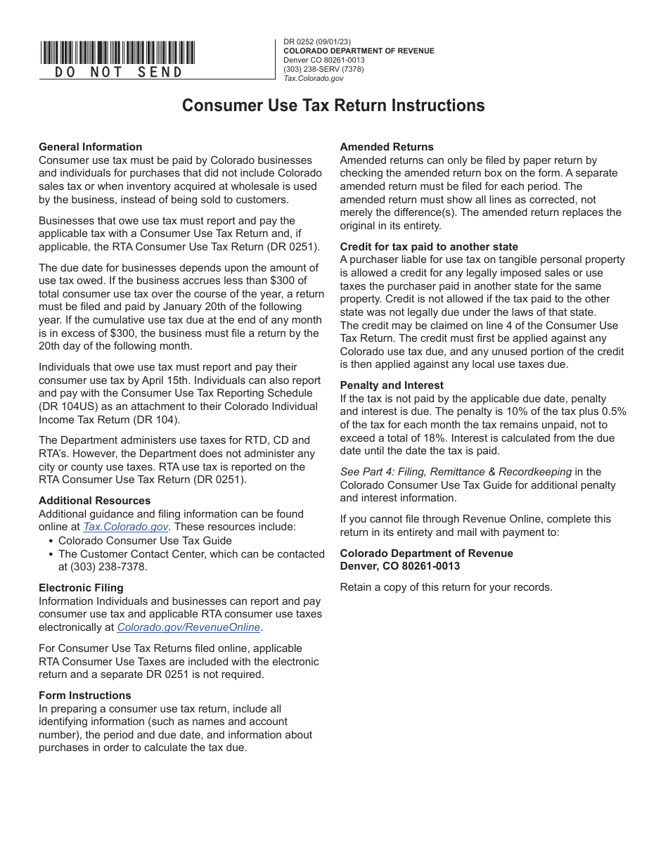 Form DR0252 Download Fillable PDF or Fill Online Consumer Use Tax ...