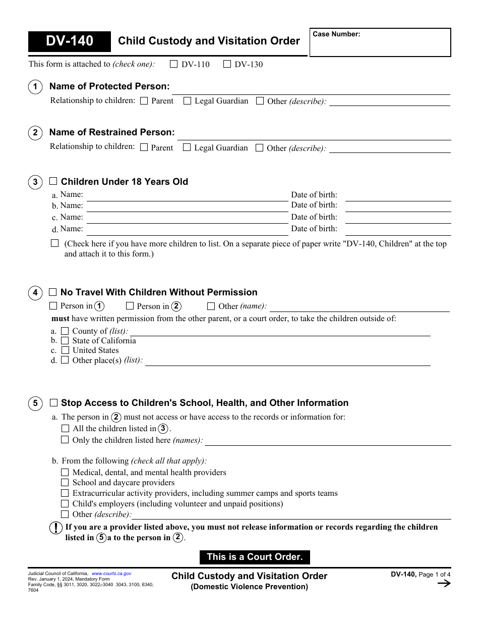 Form DV-140 Download Fillable PDF or Fill Online Child Custody and ...