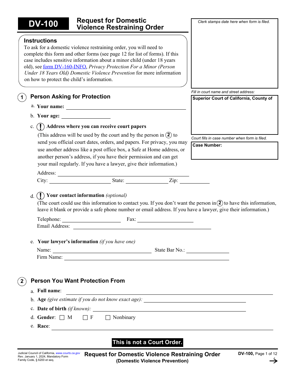 Form DV-100 Download Fillable PDF or Fill Online Request for Domestic ...