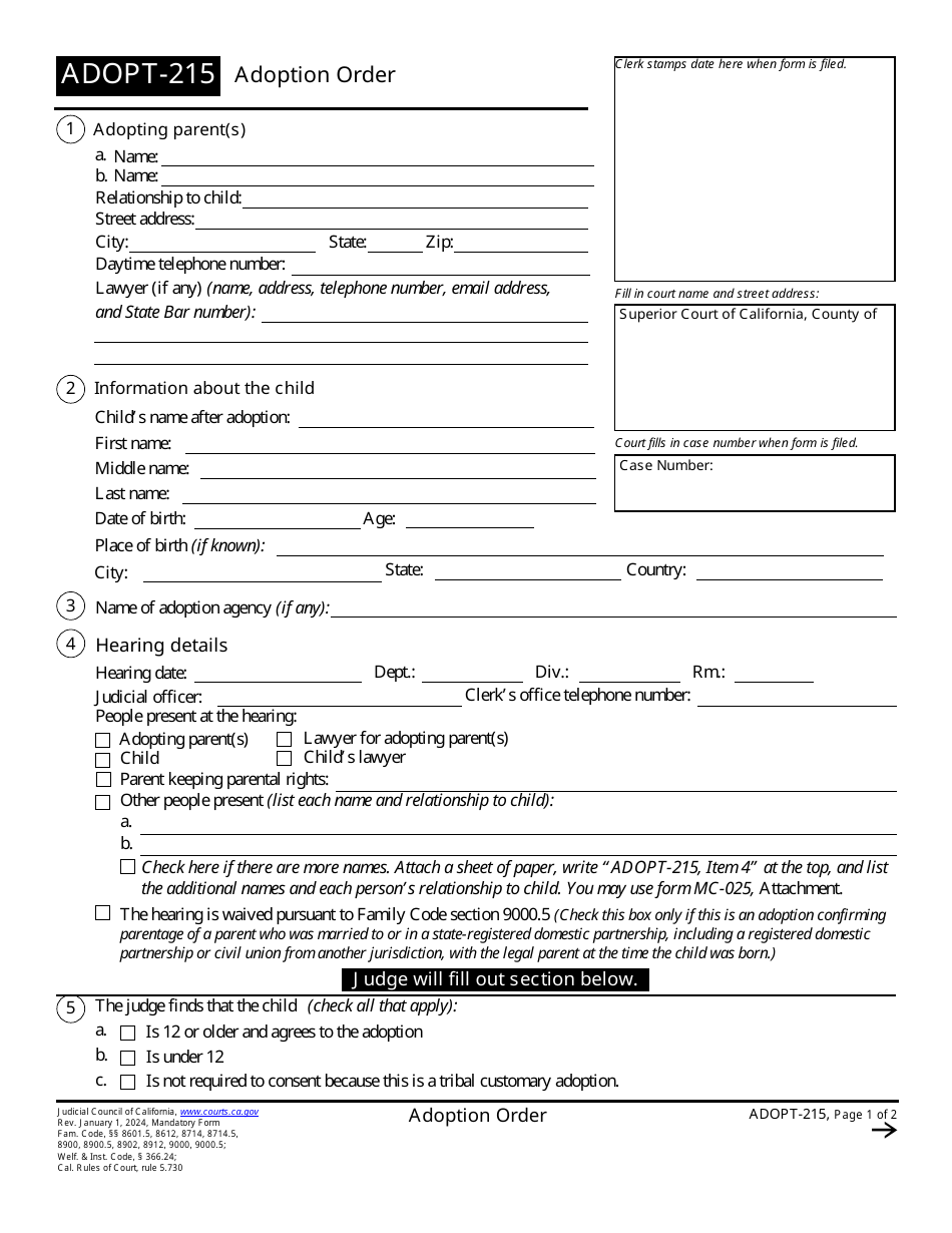 Form ADOPT-215 Download Fillable PDF or Fill Online Adoption Order, California 2016 — 2025 ...