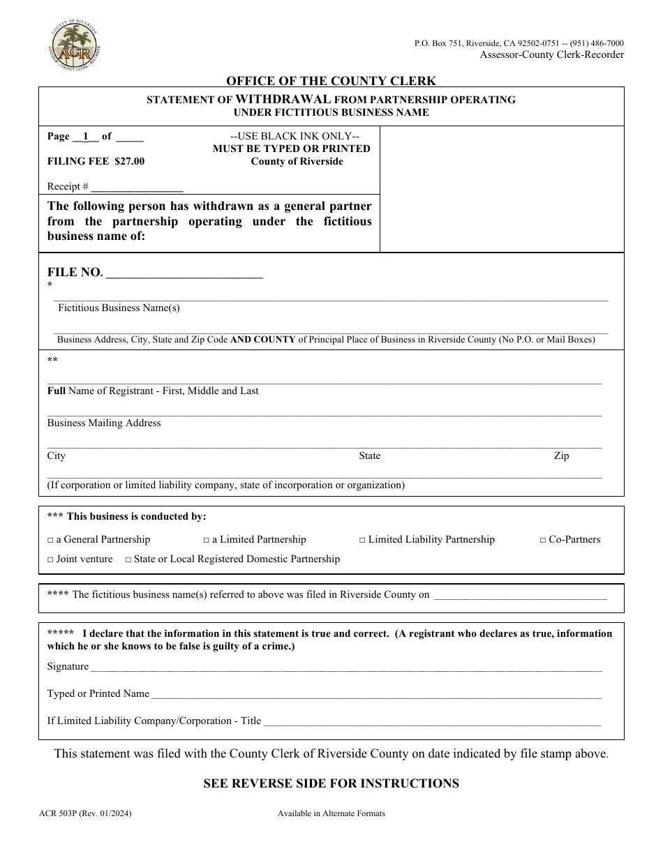 Form ACR503P Download Fillable PDF or Fill Online Statement of ...