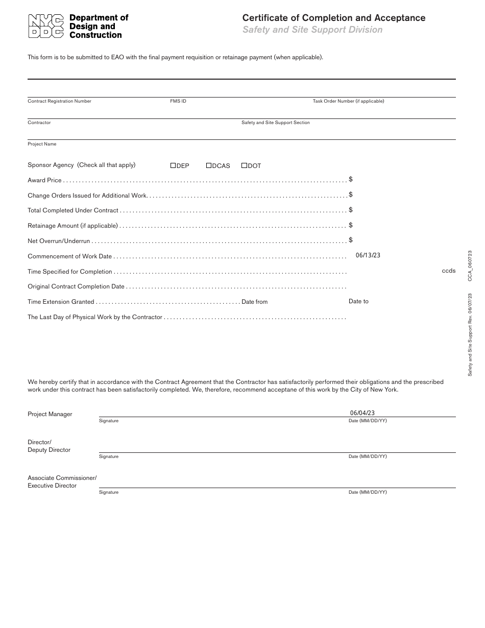 New York City Certificate of Completion and Acceptance - Fill Out, Sign Online and Download PDF ...