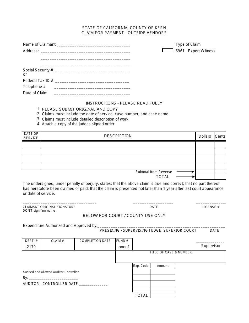 County of Kern, California Claim for Payment - Expert Witness - Fill ...