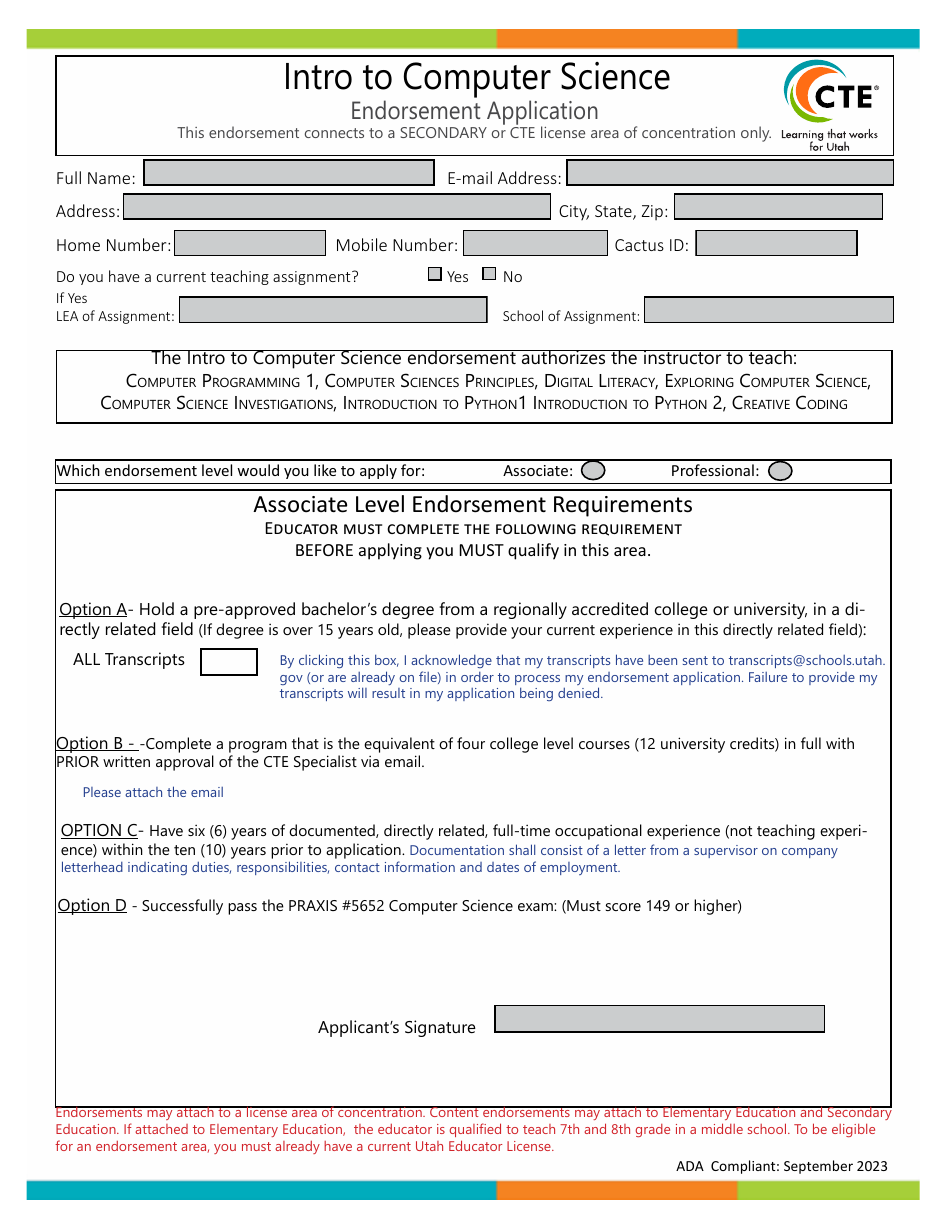 Utah Intro to Computer Science Endorsement Application - Fill Out, Sign Online and Download PDF ...