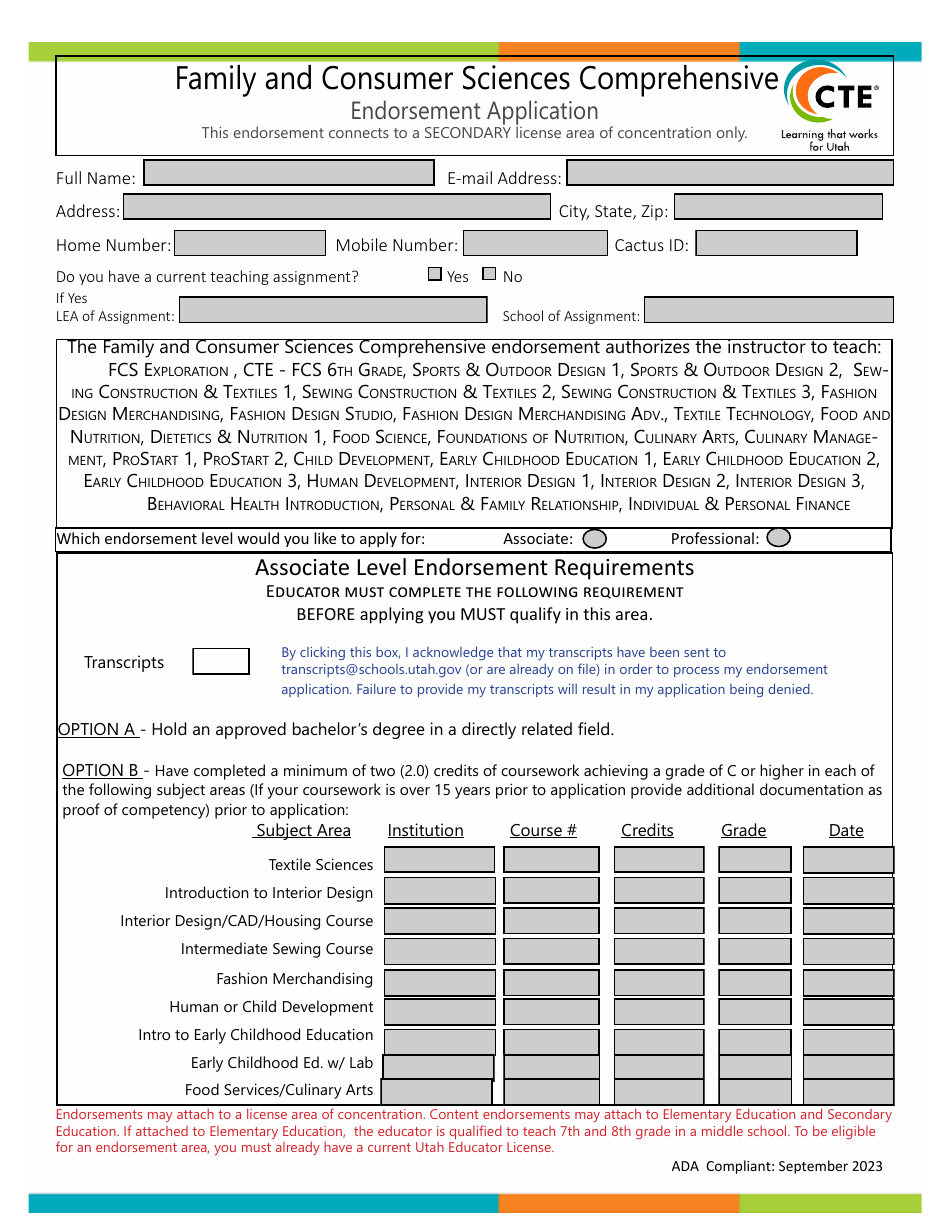 Utah Family and Consumer Sciences Comprehensive Endorsement Application ...