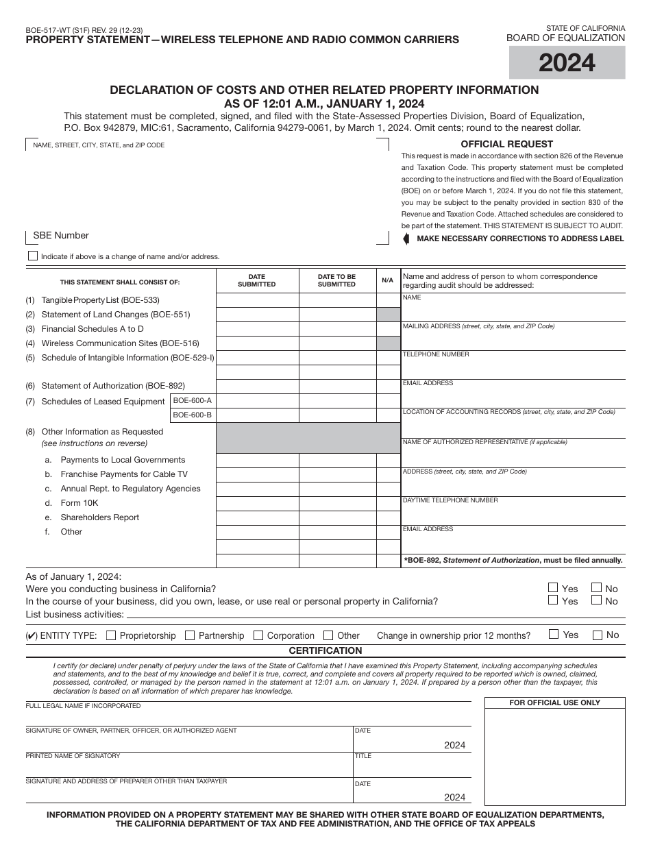 Form BOE-517-WT Download Fillable PDF or Fill Online Property Statement ...