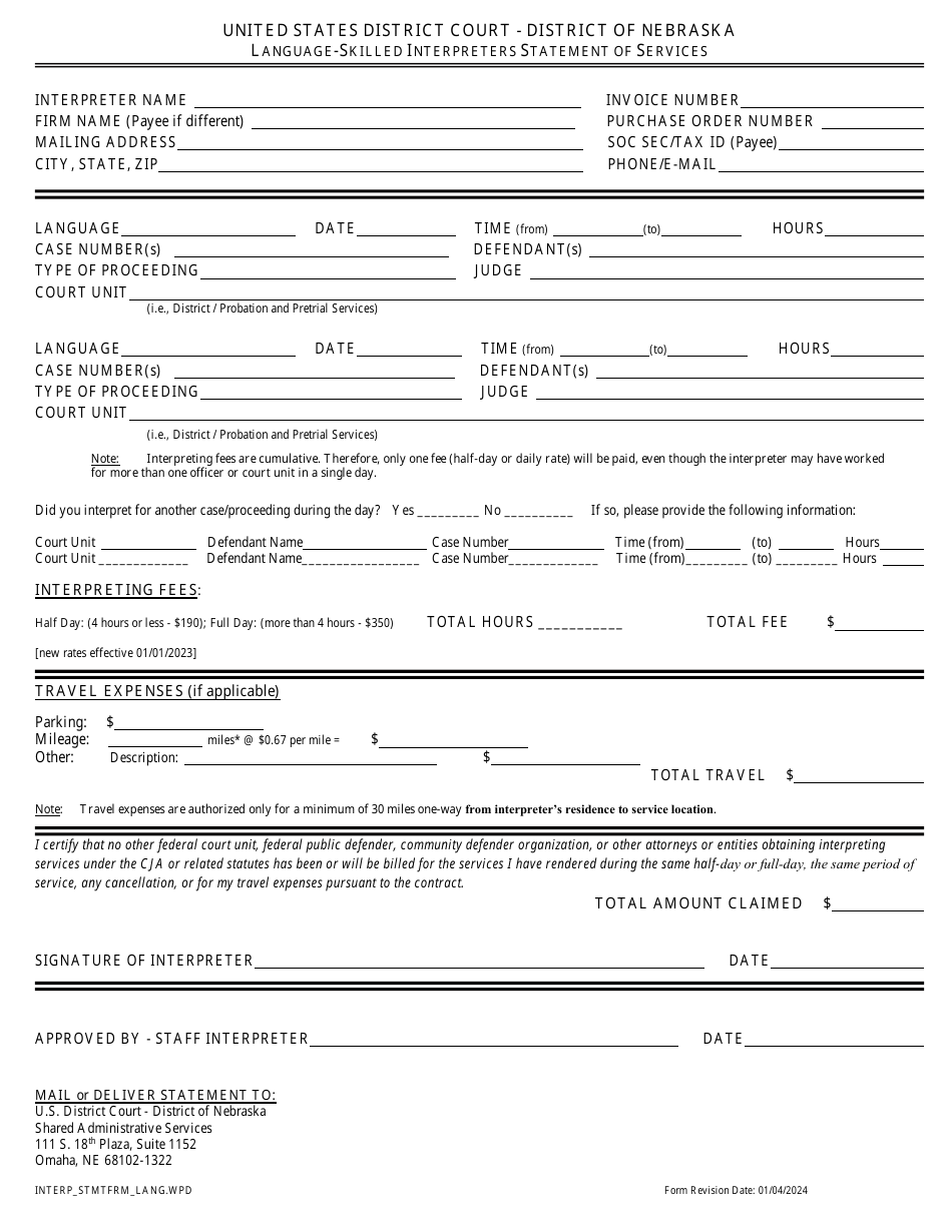 Nebraska Language-Skilled Interpreters Statement of Services - Fill Out ...